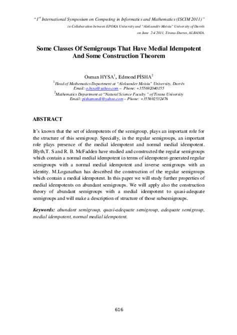Pdf Some Classes Of Semigroups That Have Medial Idempotent And Some Construction Theorem