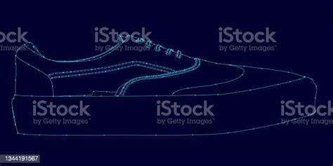 어두운 배경에 빛나는 조명과 파란색 라인으로 만든 운동화의 윤곽 측면 보기입니다 벡터 일러스트레이션 개인 장식품에 대한 스톡 벡터 아트 및 기타 이미지 Istock