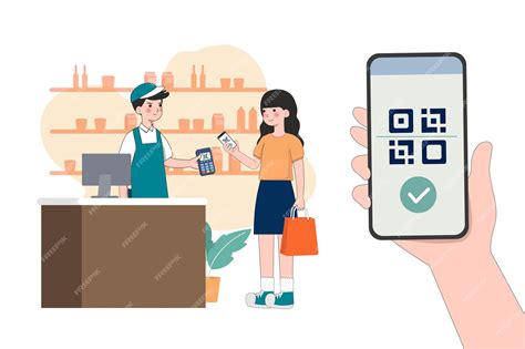 현금 없는 결제 시스템 여성은 모바일 현금없는 결제 시스템을 사용하거나 Qr 코드를 스캔합니다 디지털 은행 서비스를 사용하는