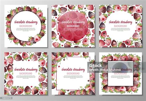 초콜릿 딸기가 든 엽서 세트 테두리 낭만적 인 달콤한 디저트 초콜릿 시럽에 베리 초콜릿 칩으로 장식된 딸기가 있는 배경 벡터
