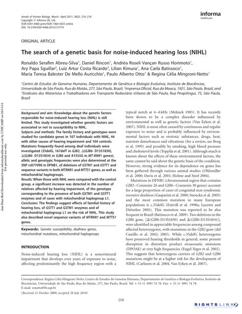 Pdf The Search Of A Genetic Basis For Noise Induced Hearing Loss Nihl