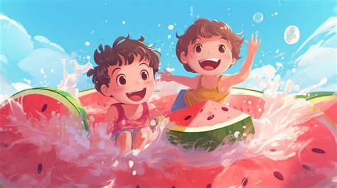 夏天儿童卡通西瓜清凉插画图片素材下载 jpg格式 熊猫办公