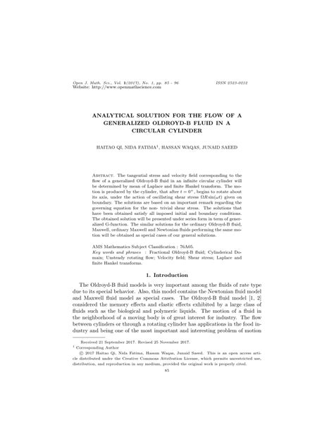 Pdf Analytical Solution For The Flow Of A Generalized Oldroyd B Fluid