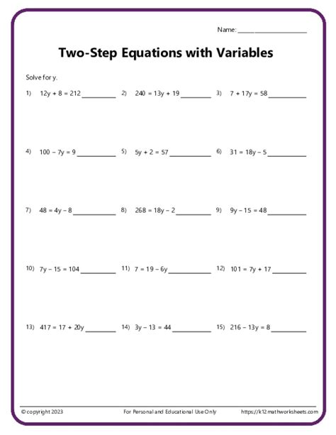 Variable Equations Worksheets
