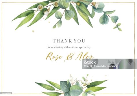 수채화 벡터 손으로 그린 청첩장 카드 템플릿입니다 유칼립투스 녹지로 디자인하십시오 엽서 그림 날짜 저장 인사말 카드 디자인 환영 카드 꽃 초대장 결혼식에 대한 스톡 벡터