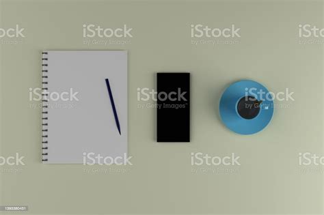 파란색 배경에 펜 커피 전화가있는 노트북 텍스트를위한 장소 상단 보기 미니멀리즘 3d 렌더링 3차원 형태에 대한 스톡 사진 및 기타 이미지 Istock