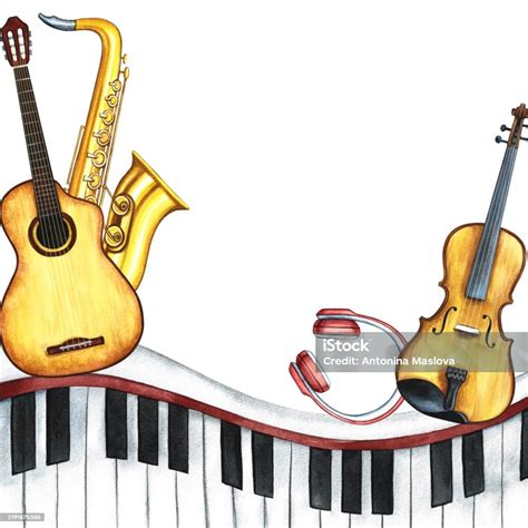 테두리 프레임은 기타 색소폰 바이올린 피아노 건반의 이미지로 음악적입니다 일러스트는 수채화로 손으로 만들었습니다 포스터 전단지 초대장 및 포장용 0명에 대한 스톡 벡터 아트