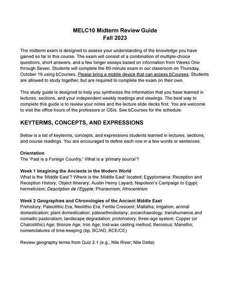 2023 Midterm Study Guide MELC10 Midterm Review Guide Fall 2023 The Midterm Exam Is Designed To