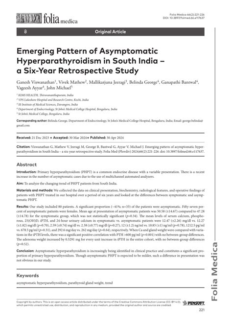 Pdf Emerging Pattern Of Asymptomatic Hyperparathyroidism In South India A Six Year