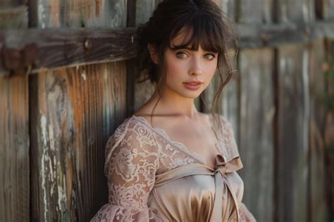 Full Body Photo Of Woman In Her Thirties Wearing Light Brown Lace And