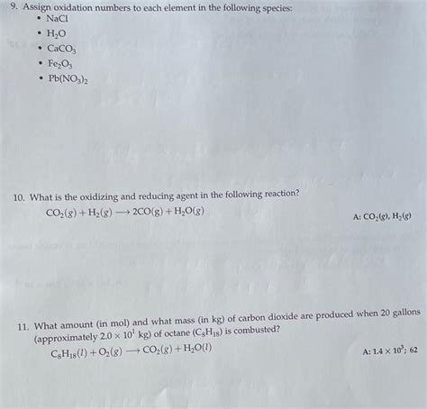solved 9 assign oxidation numbers to each element in the