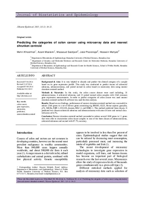 Pdf Predicting The Categories Of Colon Cancer Using Microarray Data
