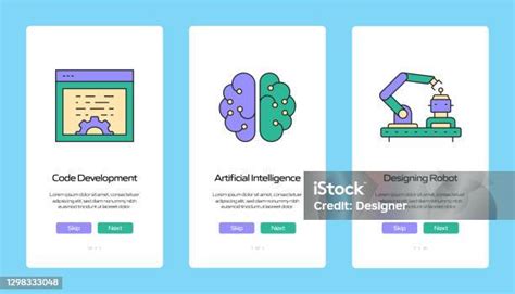 로봇 공학 개념 평면 아이콘과 모바일 앱 페이지 화면에 온보딩 Ux Ui 디자인 템플릿 벡터 일러스트레이션 0명에 대한 스톡