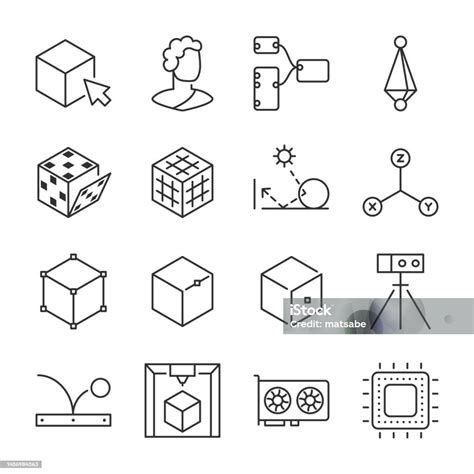 3d 모델링 아이콘 세트 모델링 조각 렌더링을 위한 프로그램 도구 3d 프린터 아이콘 컬렉션 편집 가능한 획이 있는 선 3차원 형태에 대한 스톡 벡터 아트 및 기타 이미지