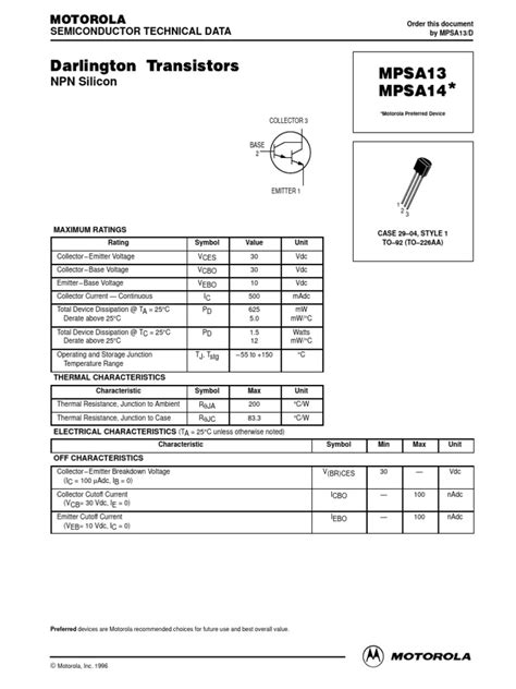 Mpsa13 Motorola Pdf Bipolar Junction Transistor Transistor
