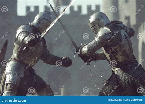 Knights Fighting Near Castle Wall Vector Cartoon