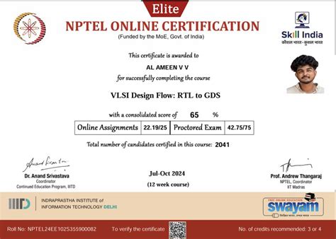 🎉happy To Share That I Completed The Nptel Course Vlsi Design Flow Rtl