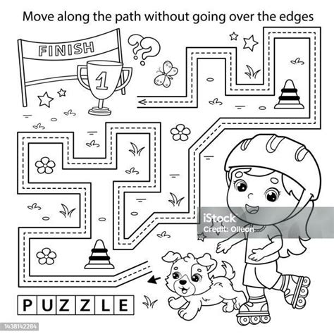 필기 연습 시트 간단한 교육 게임 또는 미로 색칠하기 개요 강아지와 함께 롤러 스케이트를 타는 만화 소녀 스포츠 활동 아이들을위한 색칠하기 책 개에 대한 스톡 벡터 아트 및