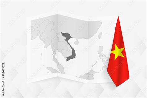 A Grayscale Map Of Vietnam With A Hanging Vietnamese Flag On One Side Vector Map For Many Types