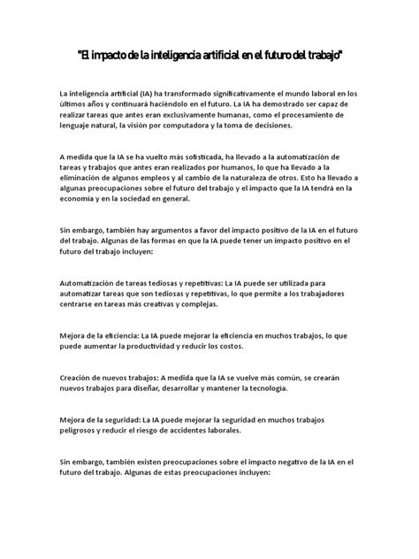 El Impacto De La Inteligencia Artificial En El Futuro Del Trabajo Pdf