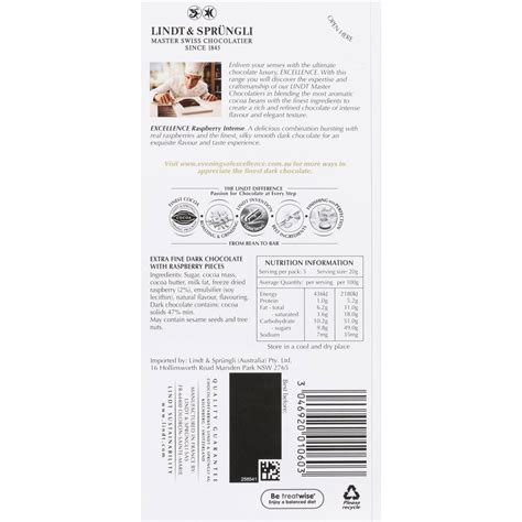 Lindt Excellence Raspberry Intense Dark Chocolate Block 100g Woolworths
