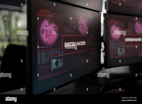 Empty Office With Software Developer Computer Display Dealing With Cyber Crime Attack And Pc