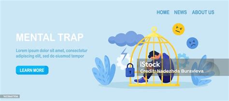 닫힌 새장으로 정신적 함정이 있는 머리 실루엣 새장에 갇힌 것 같은 심리적 사고방식 문제 안락 지대에 갇혀 있습니다 개인 성장 문제 세계관이 왜곡된 사람 Mental