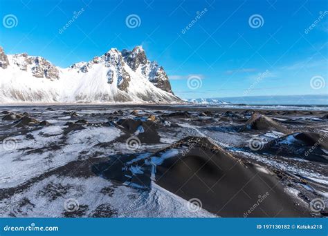 Picturesque Winter View Of Black Sand Beach And Vestrahorn In Stokksnes