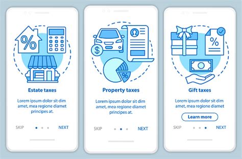 선형 개념으로 미국 세금 유형 파란색 온보딩 모바일 앱 페이지 화면 부동산 재산 증여세 연습 단계 그래픽 지침 Ux Ui 그림이 있는 Gui 벡터 템플릿 3에 대한 스톡