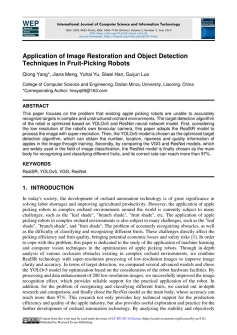 Pdf Application Of Image Restoration And Object Detection Techniques In Fruit Picking Robots