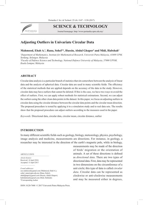 Pdf Science And Technology Adjusting Outliers In Univariate Circular Data