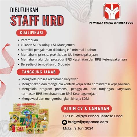 Lowongan Kerja Staff Hrd Di Pt Wijaya Panca Sentosa Food In Staffing