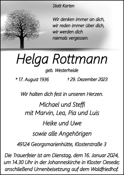 Traueranzeigen Von Helga Rohmann Noz Trauerportal