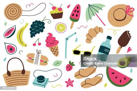 여름 아이콘 컬렉션 선글라스 과일 및 아이스크림 다채로운 여름 필수품 열대 휴가 짠 가방 및 우산 낙서의 벡터 일러스트 여름에 대한 스톡 벡터 아트 및 기타 이미지 Istock