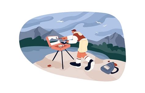 플레인 에어 페인팅의 화가 이젤 박스 드로잉 풍경 야외 와 예술가 사람은 브러시와 캔버스로 자연의 그림을 그립니다 흰색 배경에