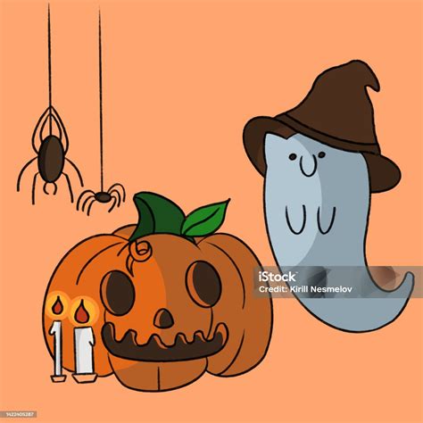 마녀 모자를 쓴 유령 고양이가 호박과 셰비 옆에서 날아간다 10월에 대한 스톡 벡터 아트 및 기타 이미지 10월 가을 거미 Istock