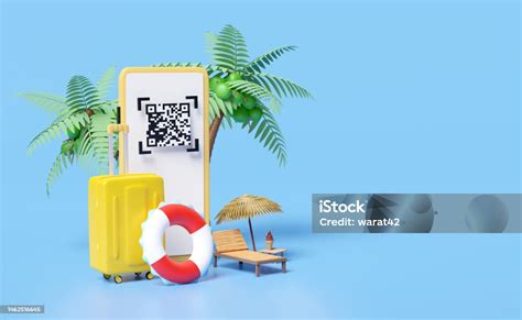 휴대 전화 구명 부표 우산 손바닥 의자 Qr 코드 스캔 파란색 배경에 격리 된 여행 가방이있는 스마트 폰 온라인 쇼핑 여름 여행