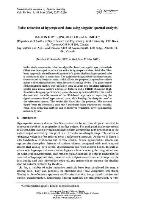 pdf noise reduction of hyperspectral data using singular spectral