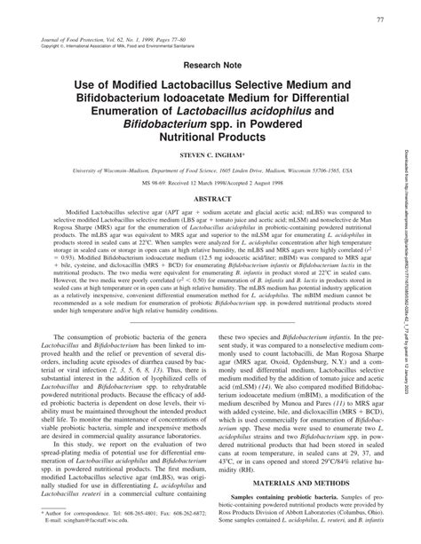 Pdf Use Of Modified Lactobacillus Selective Medium And Bifidobacterium Iodoacetate Medium For