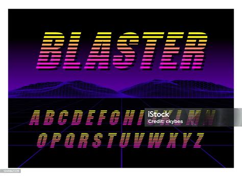 80년대 복고풍 퓨처리즘 스타일 글꼴 벡터 브러시 스트로크 알파벳 복고풍 미래주의 올드 Vhs 스타일 미래지향적인 게임 또는 음악 알파벳에 대한 스톡 벡터 아트 및 기타
