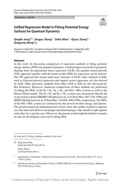 Unified Regression Model In Fitting Potential Energy Surfaces For Quantum Dynamics Request Pdf