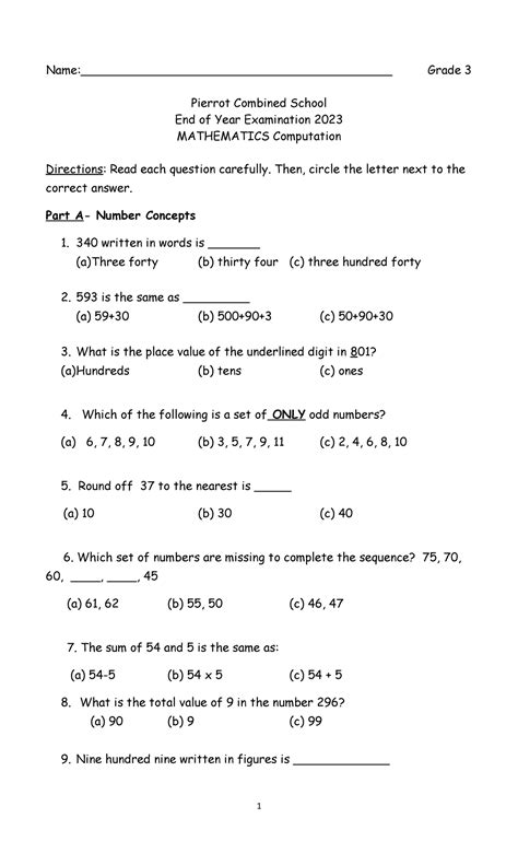Math Multiple Choice Grade 3 Name Grade 3 Pierrot
