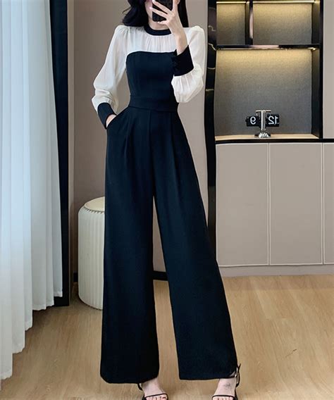 포앤바이앤 ★하객룩 추천★ 와이드 팬츠 바디점프 라운드넥 배색라인 셔링 퍼프 긴소매 하이웨스트 핀턱 롱팬츠 페이크투피스 봄 간절기 단정한 단아한 오피스룩 소개팅룩