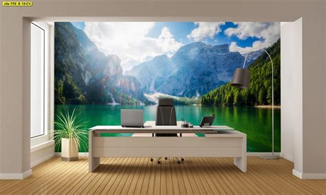 สำนักงานแบบเรียบง่ายพร้อมโต๊ะทำงาน ตกแต่งห้องทำงานภาพวิวภูเขาทะเลสาบ Beautiful Lake Wall Mural