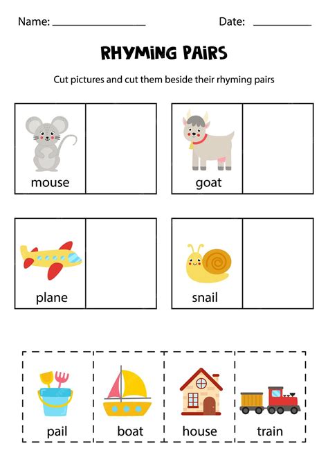 Premium Vector Find Rhyming Pairs Educational Worksheet Cut And Paste