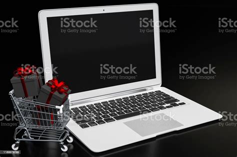 검은 색 배경 3d 렌더링에 쇼핑 카트와 노트북 컴퓨터에 검은 선물 상자 0명에 대한 스톡 사진 및 기타 이미지 0명 11월 가격 Istock