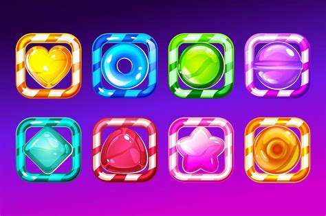 Set Of Candy App Icons Game Ui Square Buttons Cartoon Lollipop Menu
