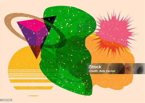 기하학적 모양의 말풍선이 있는 Risograph Electric Sander 트렌디한 Riso 그래프 인쇄 텍스처 스타일 디자인의 개체는 기하학 요소가 있습니다 Brand