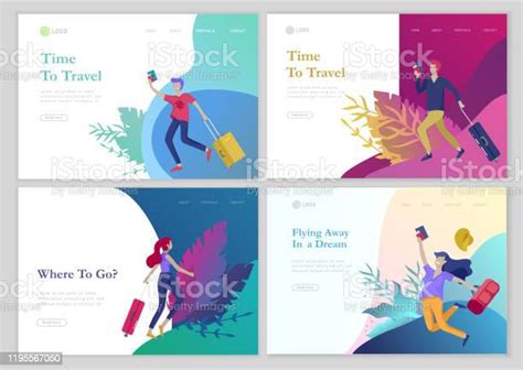휴가 여행하는 사람들이 있는 방문 페이지 템플릿입니다 가족 친구 혼자 여행 지연과 관광객 여행을 이동합니다 행복한 여행에 시간 벡터 일러스트 만화 Html에 대한 스톡 벡터