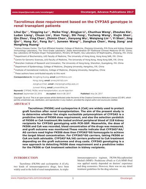 Pdf Tacrolimus Dose Requirement Based On The Cyp3a5 Genotype In Renal Transplant Patients